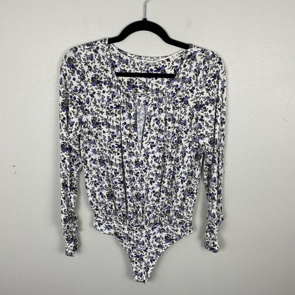 Free People | Tops | Free People Kaya Bodysuit Ivory Purple Floral ...